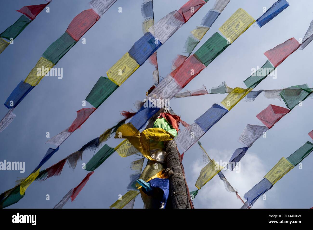 Prayer flags in Marpha Monastery, Marpha, Mustang, Nepal Stock Photo ...