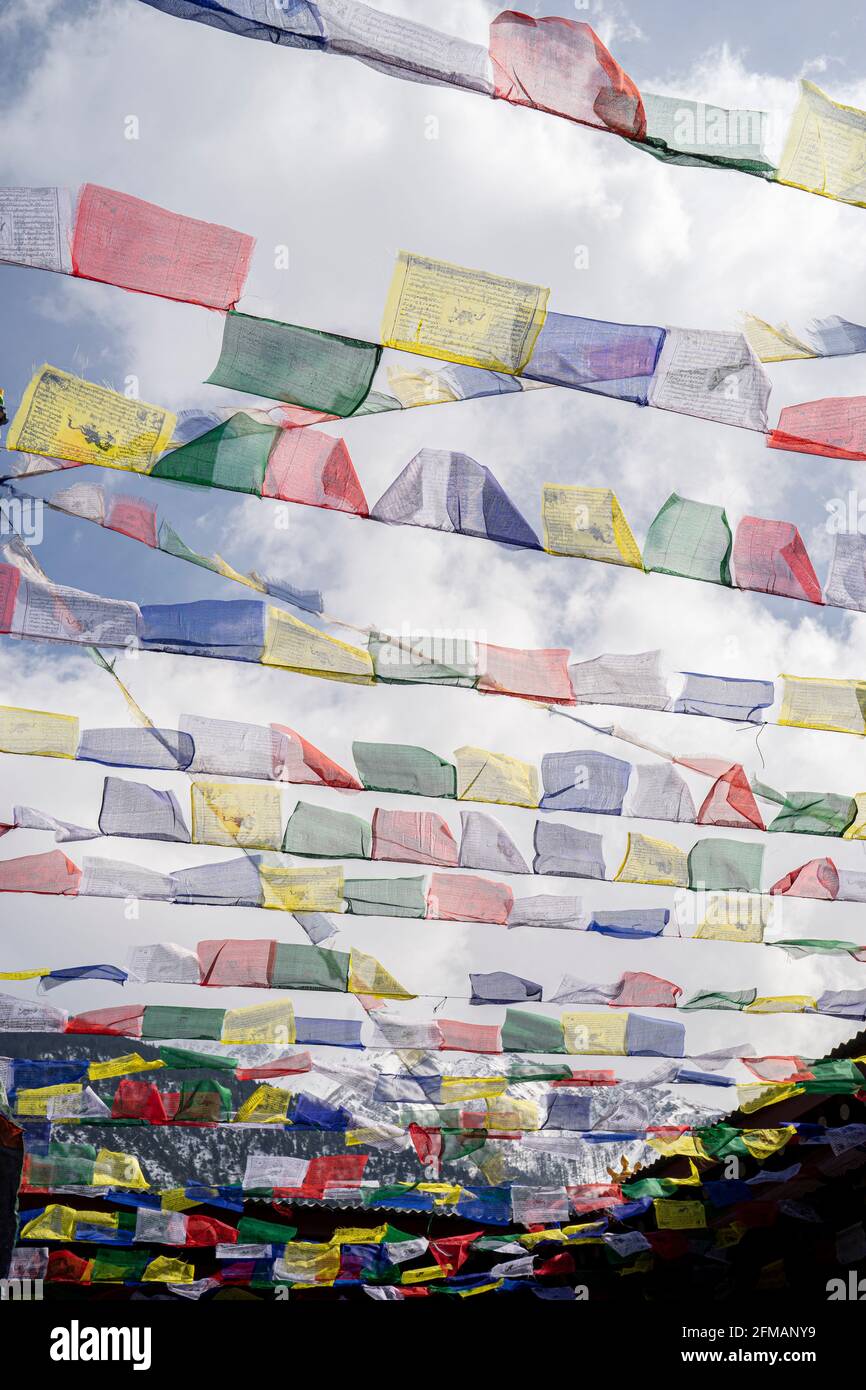 Prayer flags in Marpha Monastery, Marpha, Mustang, Nepal Stock Photo ...