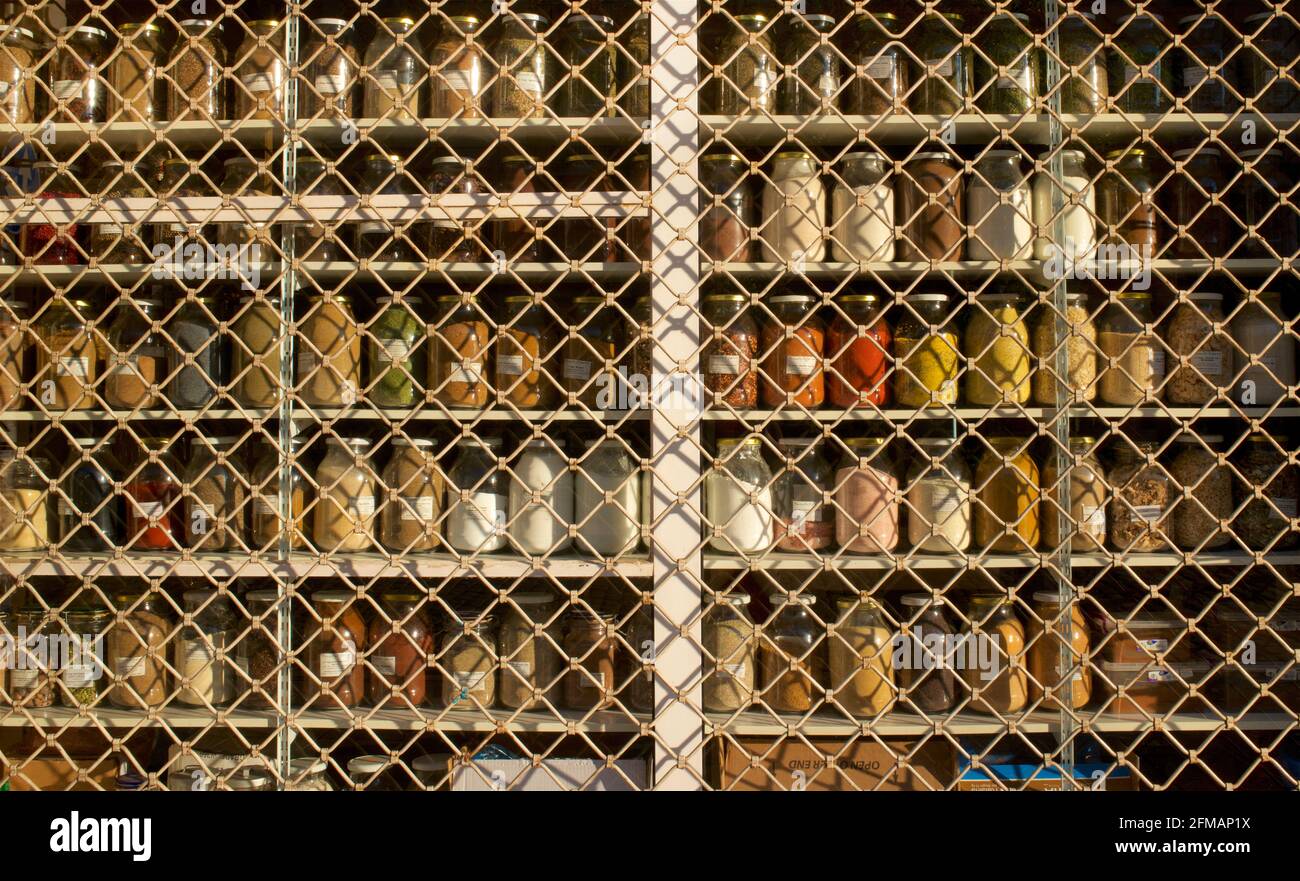 Herbs and spices in a shop window display, Sofia, Bulgaria Stock Photo ...