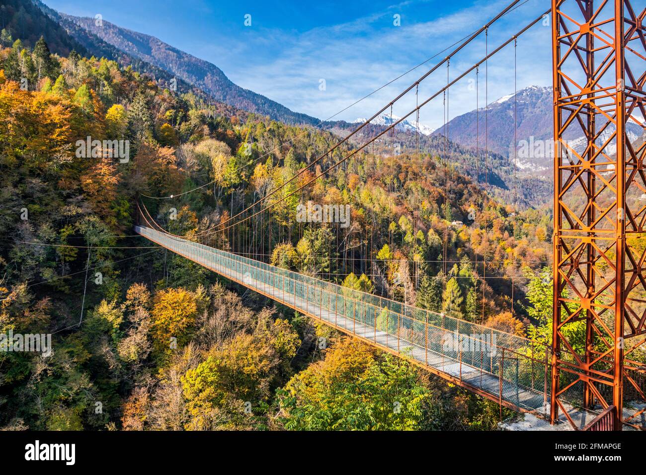 the suspension bridge over the Maé gorge in Igne, municipality of ...