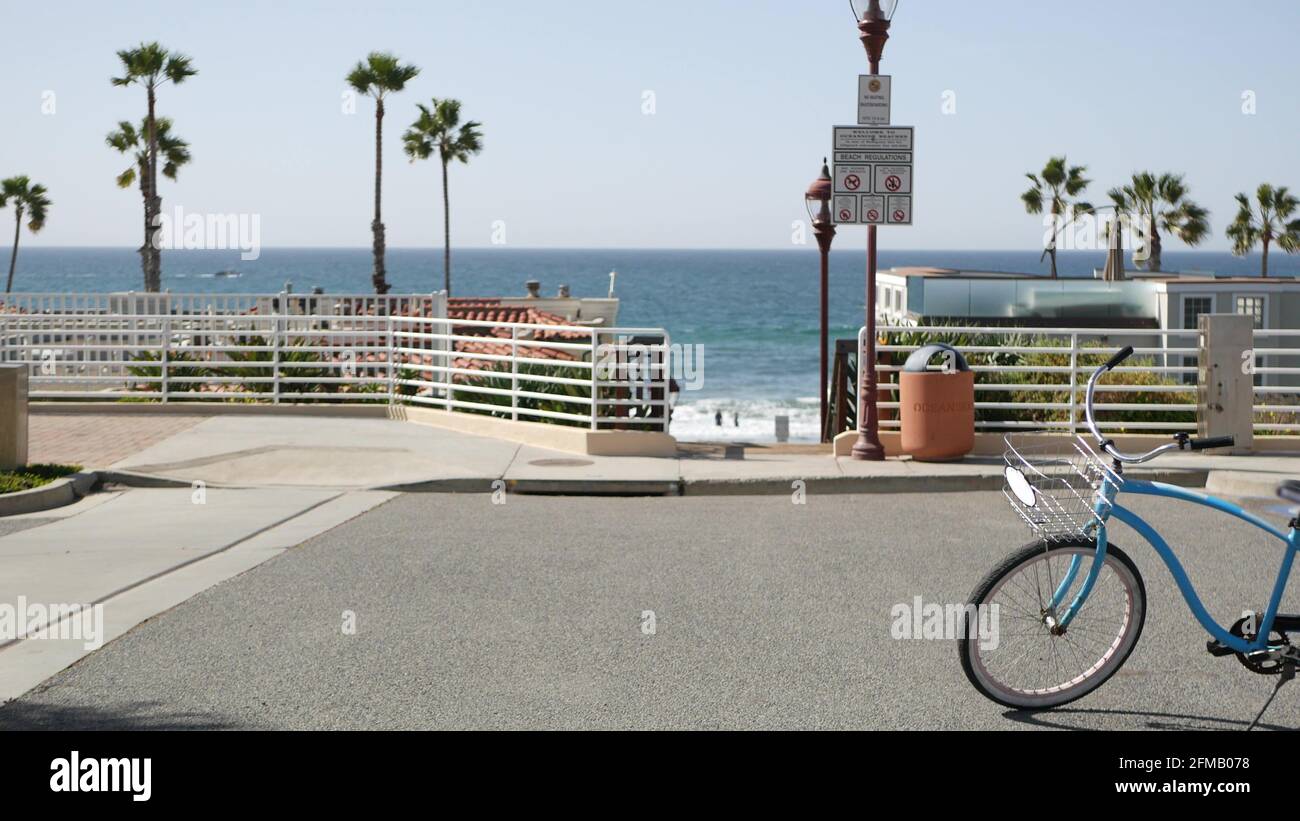 Blue bicycle, cruiser bike by ocean beach, pacific coast, Oceanside ...