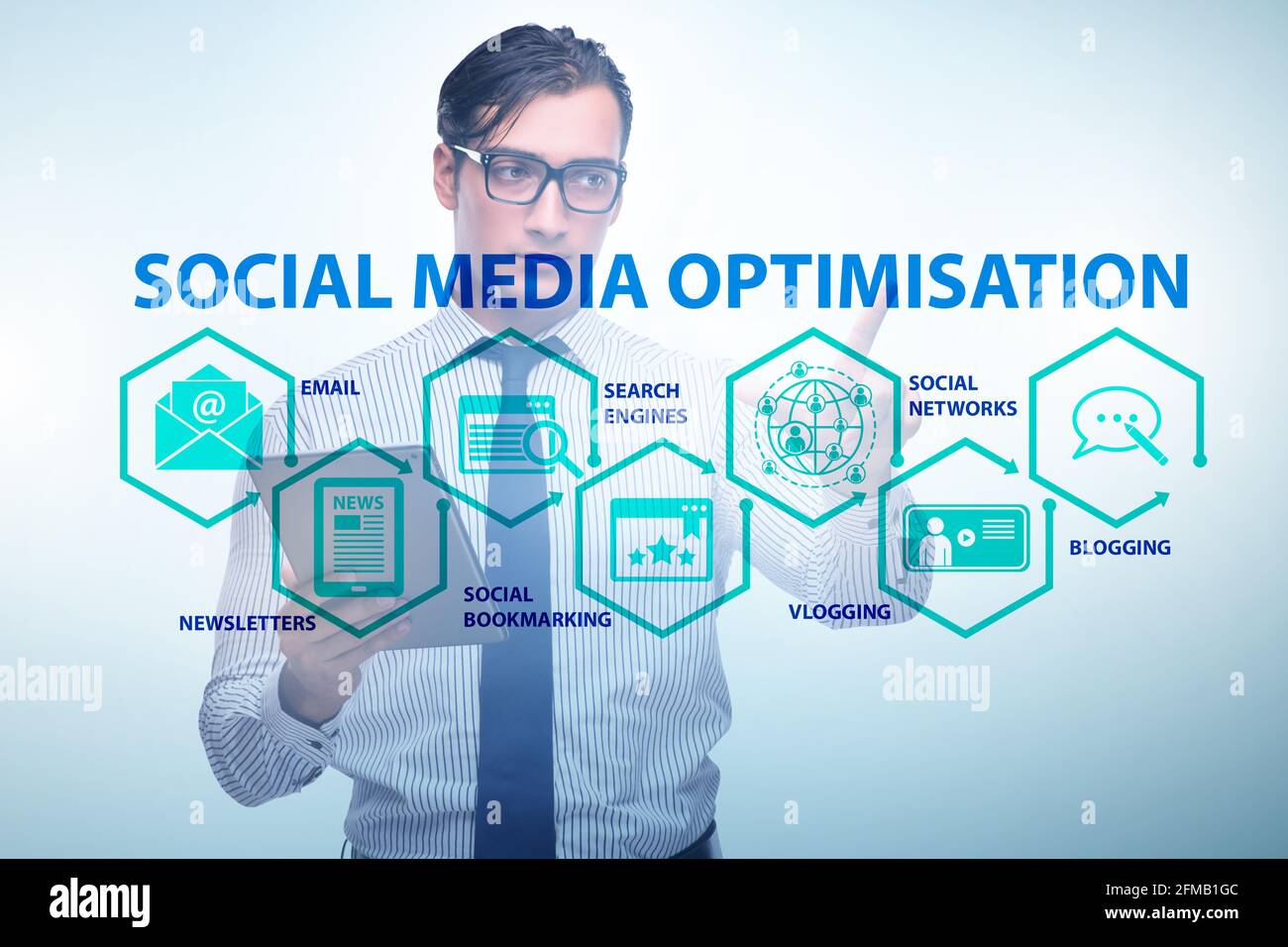 Social media optimisation concept with the businessman Stock Photo - Alamy