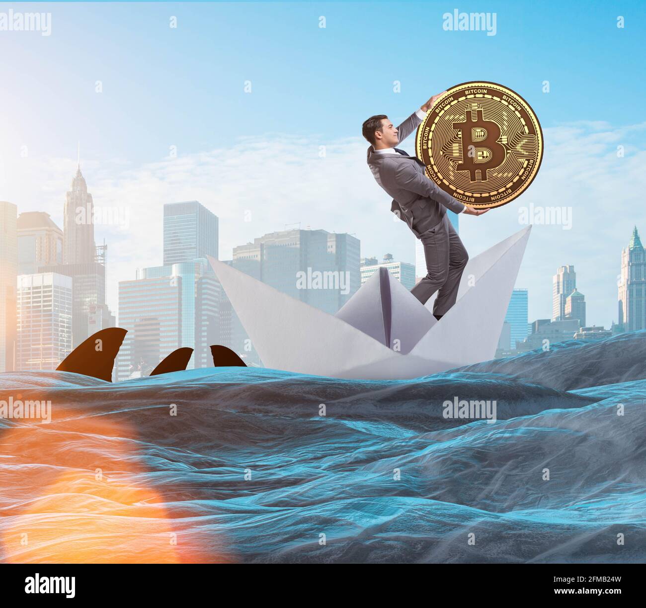 The businessman rowing on dollar boat in business financial concept ...