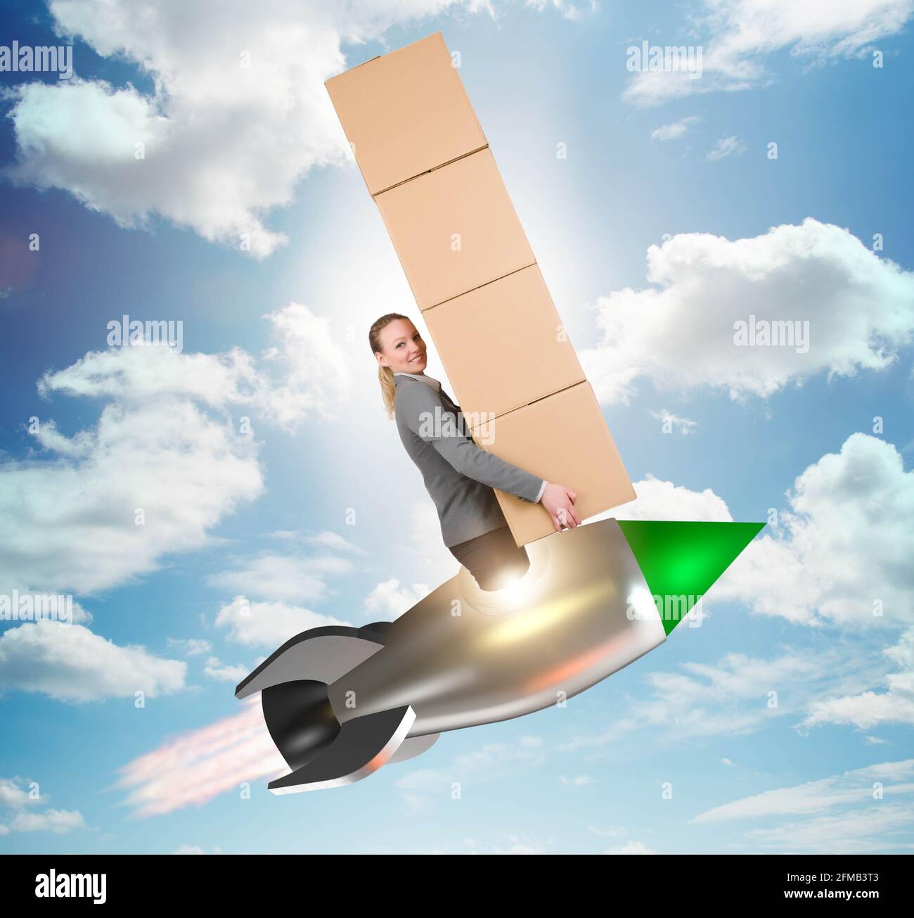 The woman flying rocket and delivering boxes Stock Photo - Alamy