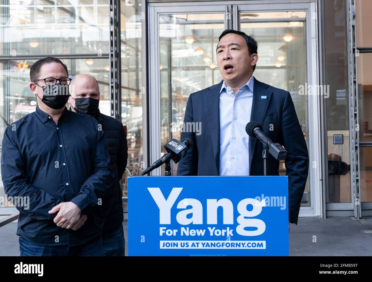 New York, NY - May 7, 2021: Andrew Yang speaks at campaign stop for mayor at Schnipper's ...