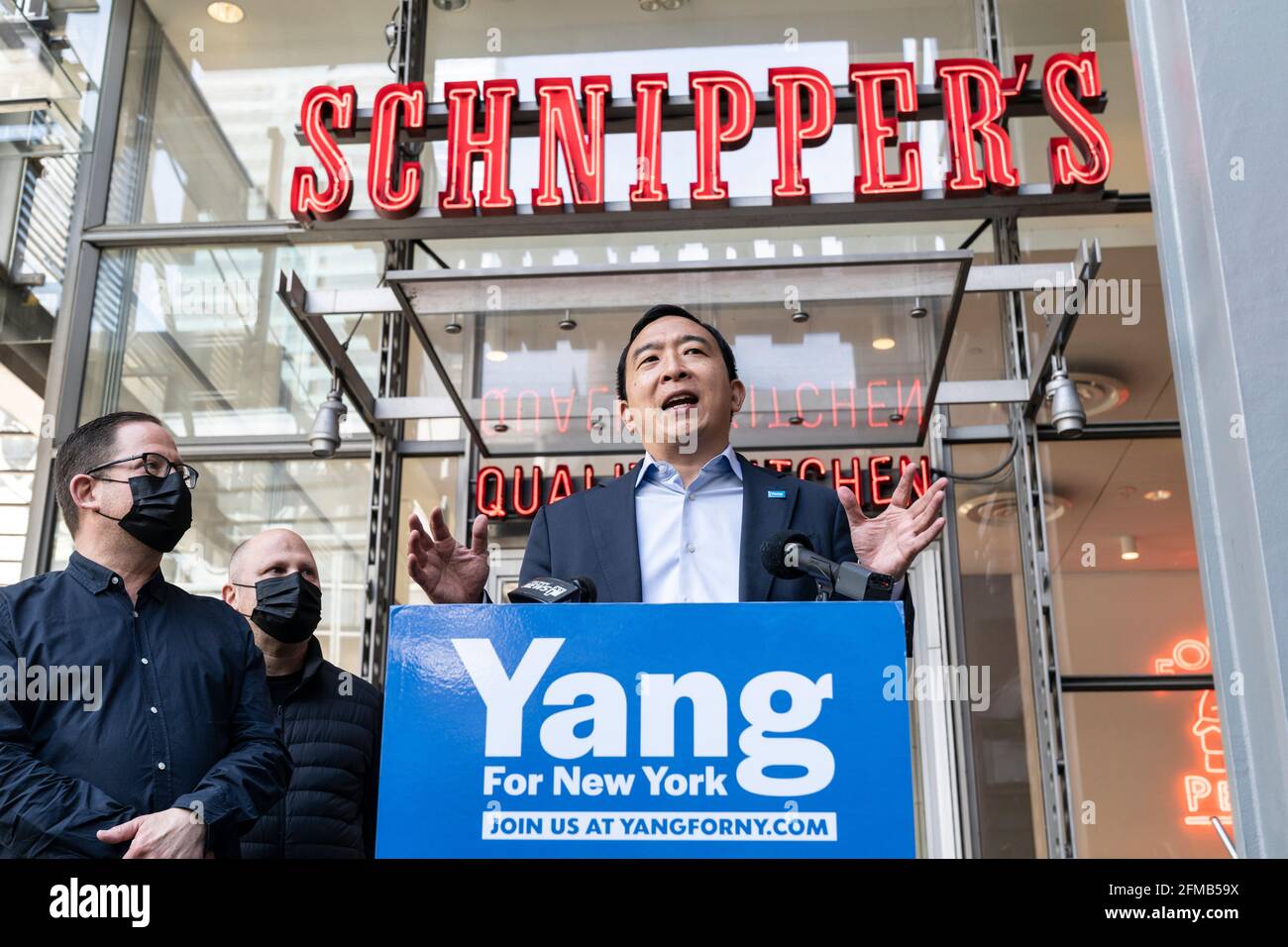 New York, NY - May 7, 2021: Andrew Yang speaks at campaign stop for ...