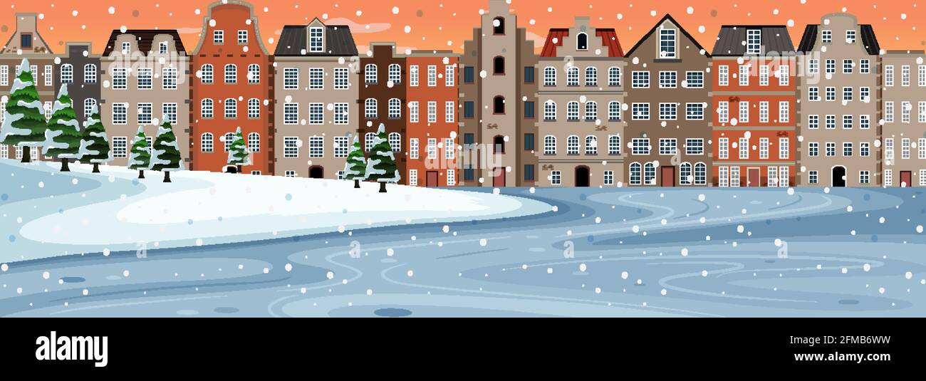 Snow falling horizontal scene at sunset time with suburban buildings ...