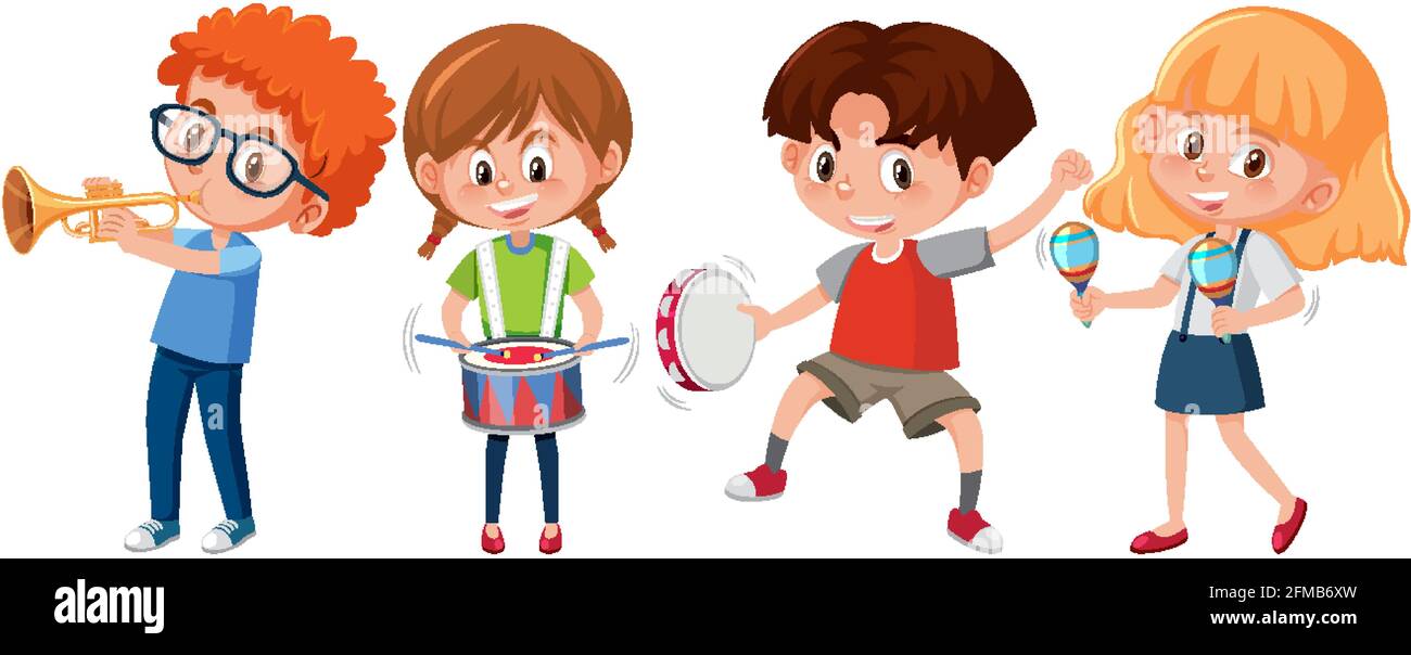 Set of different kids playing musical instruments illustration Stock ...