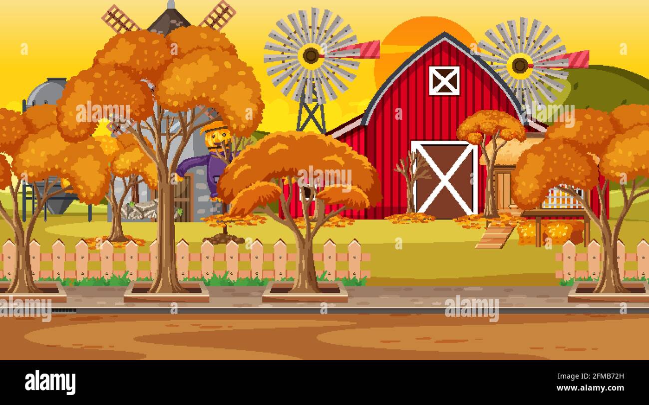 Empty farm scene at sunset time with red barn and windmill illustration ...