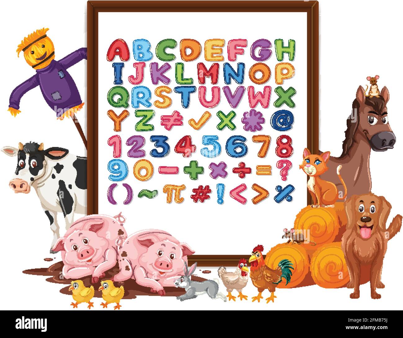 Alphabet A-Z and math symbols on a board with farm animals illustration ...