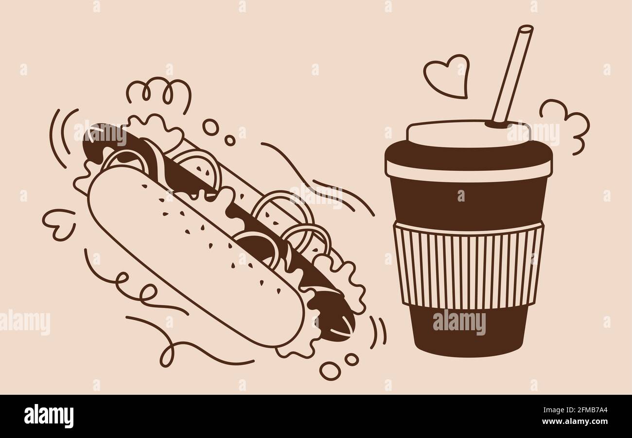 Fast food hotdog and soda takeaway cartoon set. Hand drawn glyph doodle ...