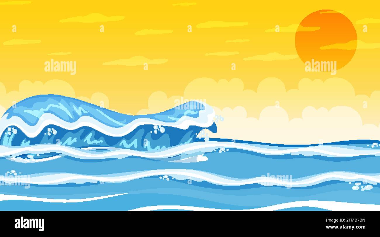 Beach landscape at sunset scene with ocean wave illustration Stock ...