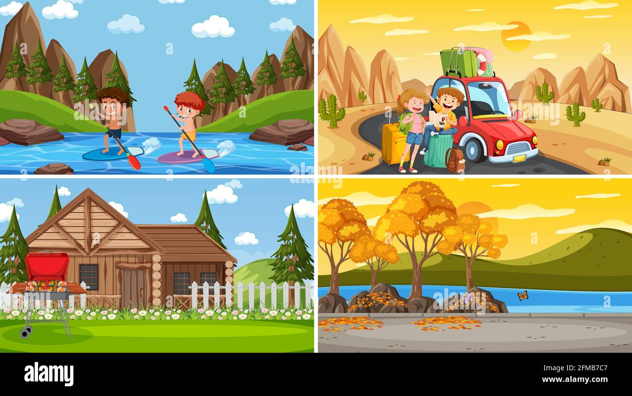 Set of different nature scenes cartoon style illustration Stock Vector ...