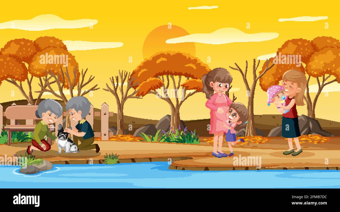 Park at sunset time scene with people in the park illustration Stock ...