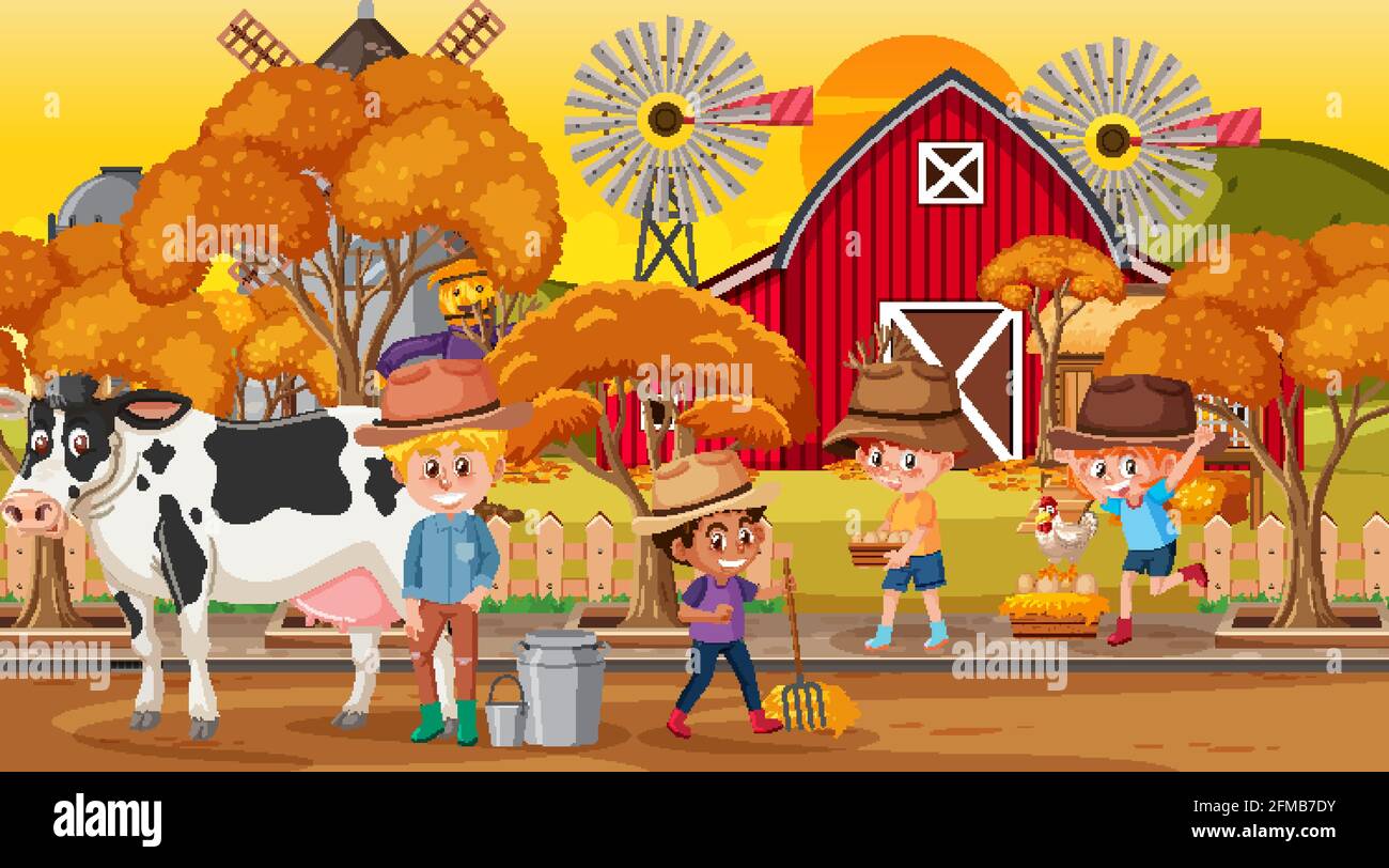Farm scene with many kids cartoon character and farm animals ...