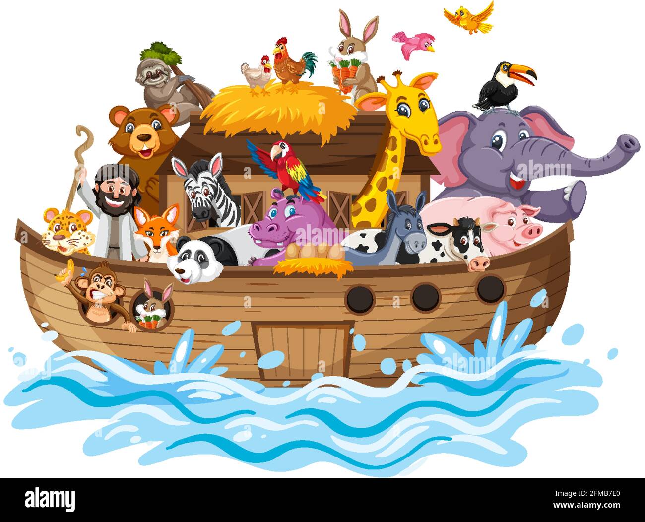 Noah's Ark with Animals on water wave isolated on white background ...