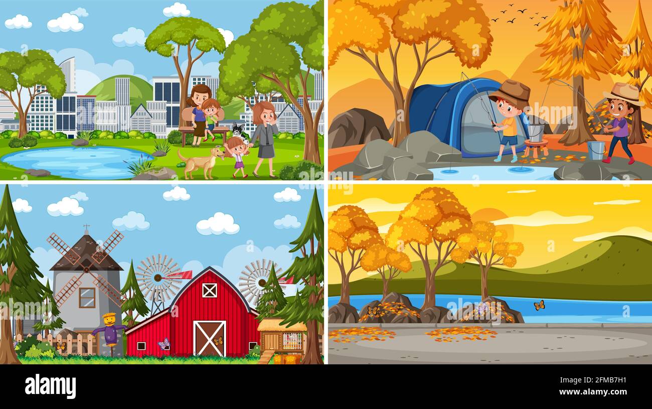 Set of different nature scenes cartoon style illustration Stock Vector ...