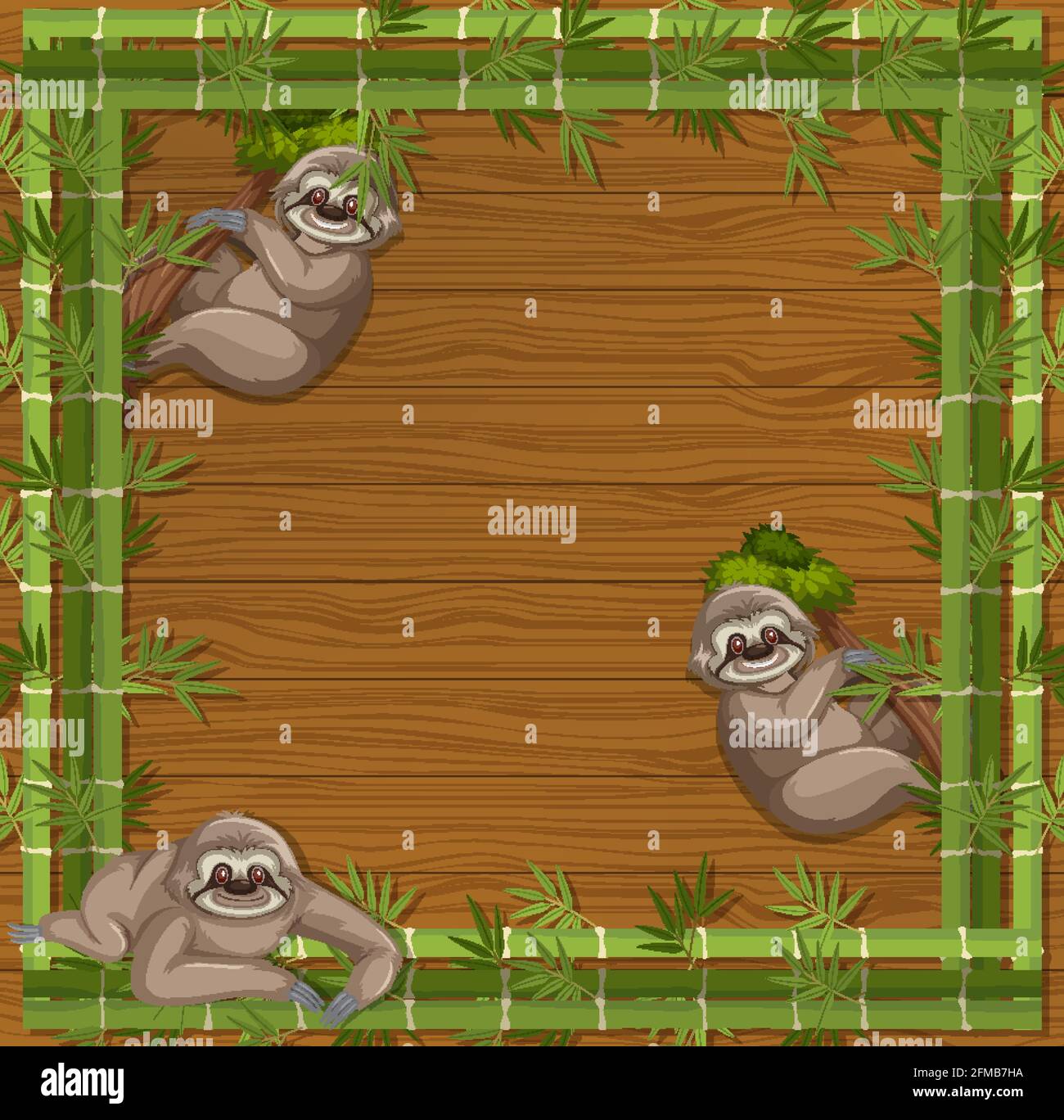 Empty banner with bamboo frame and sloth cartoon character illustration ...