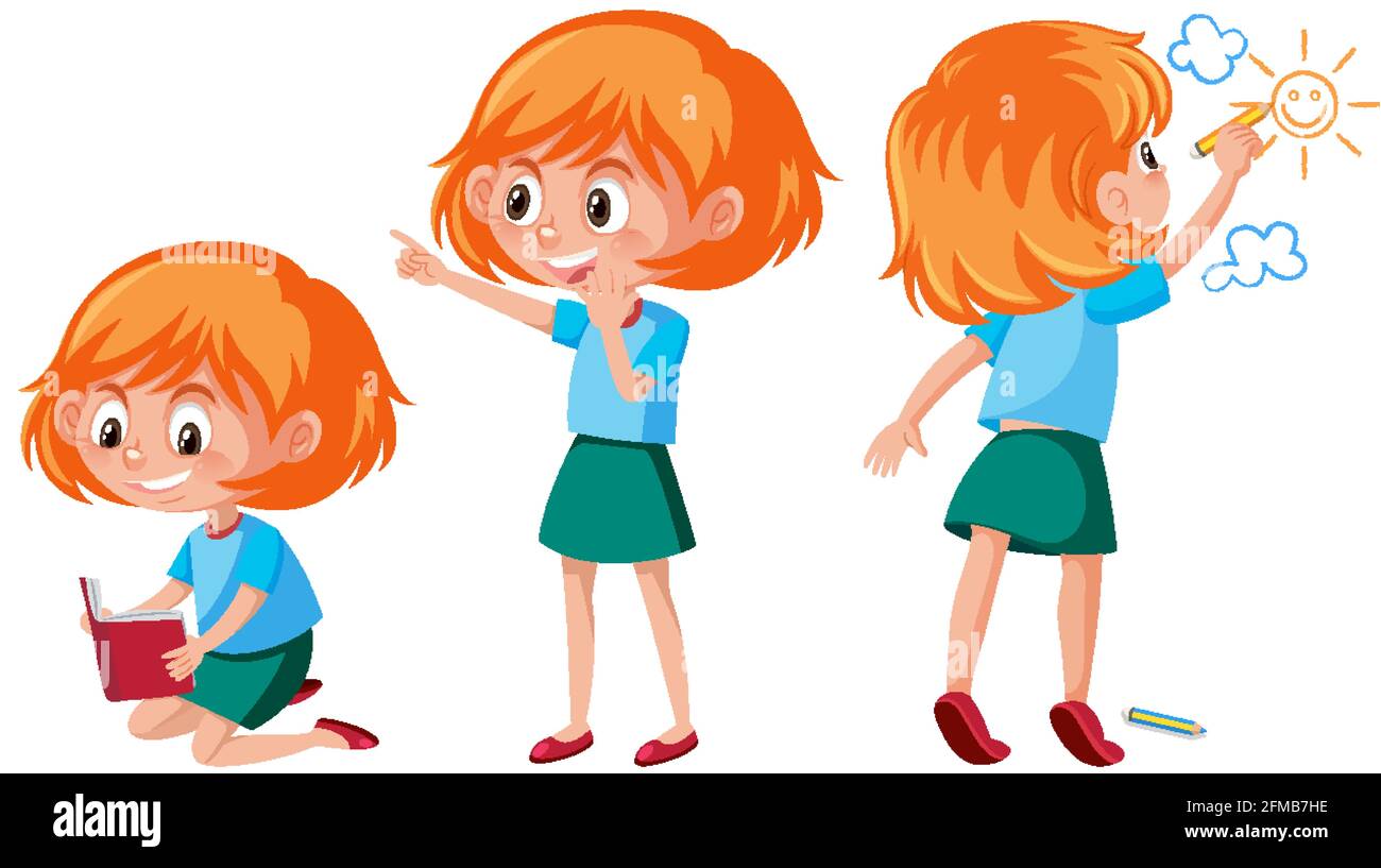 Set of a girl cartoon character doing different activities illustration ...