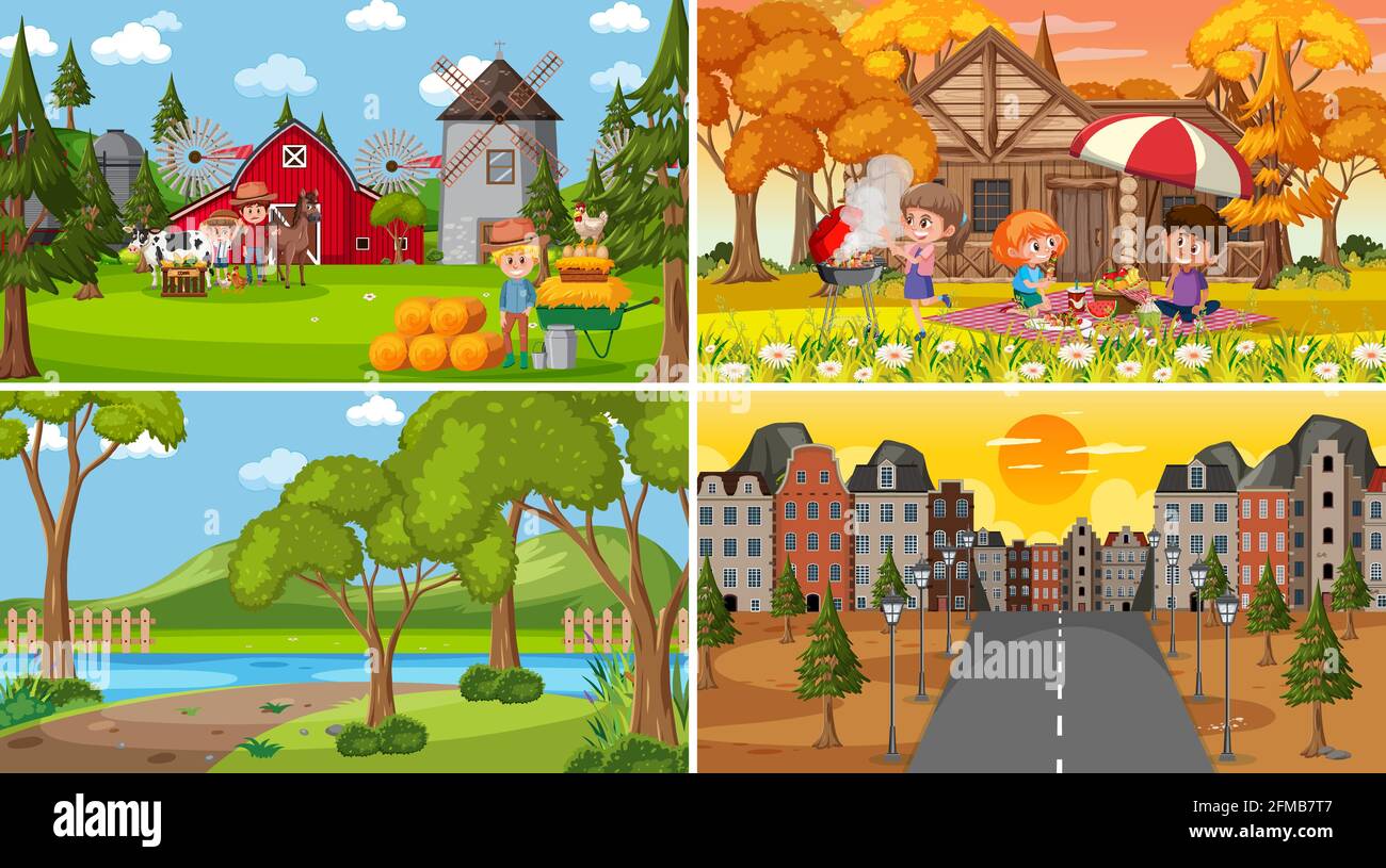 Set of different nature scenes cartoon style illustration Stock Vector ...