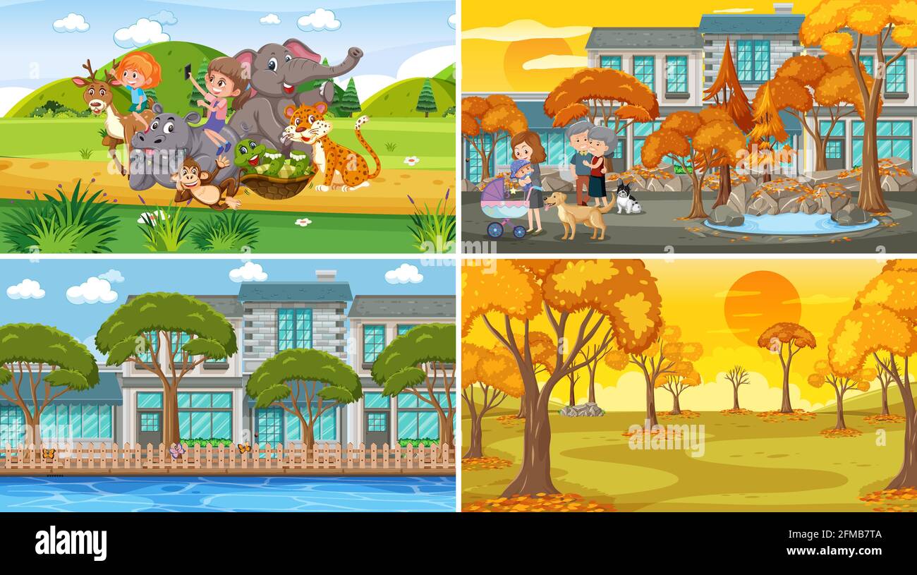 Four different scenes with children cartoon character illustration ...