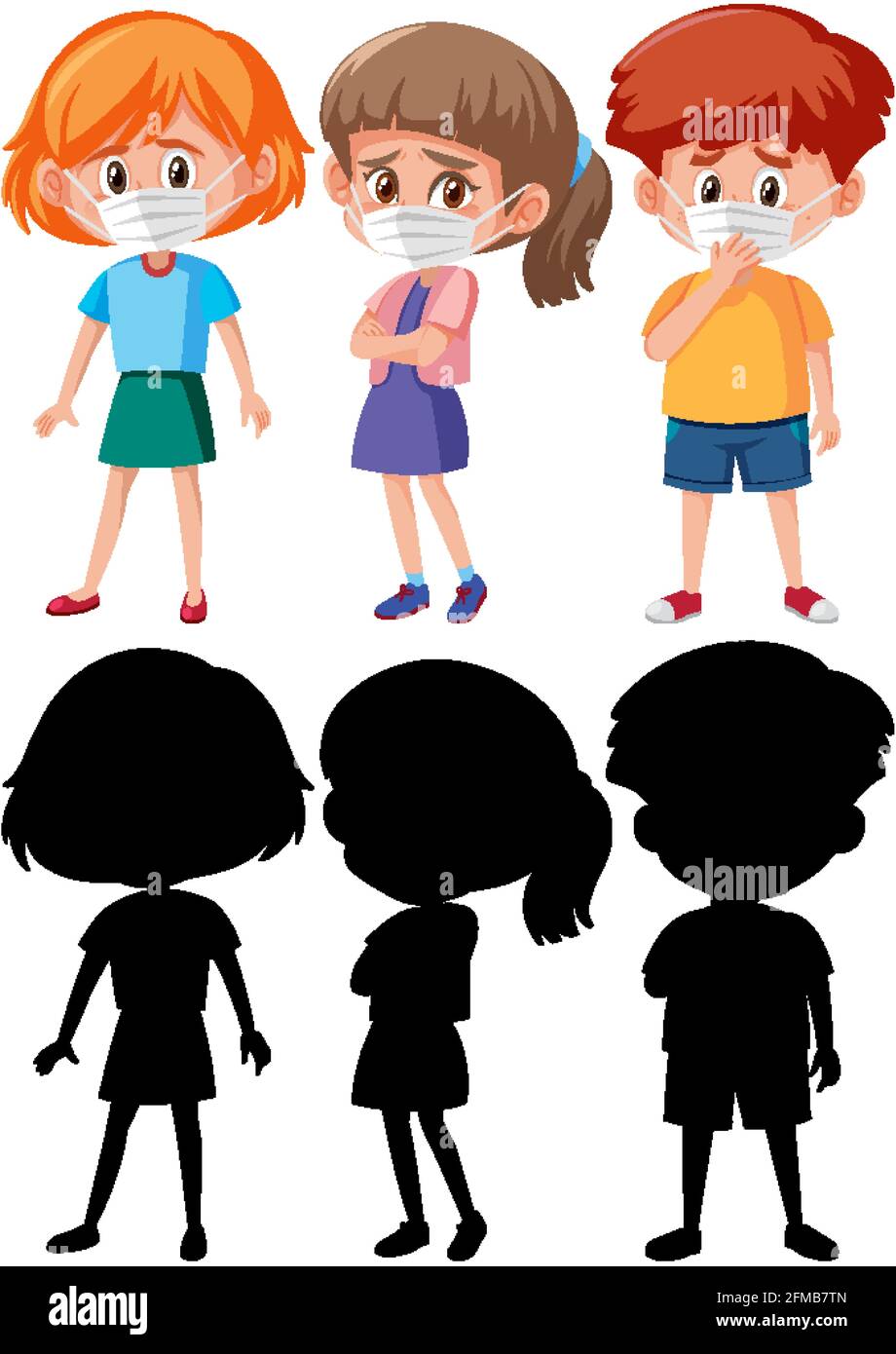 Set of different kids wearing mask cartoon character with silhouette ...