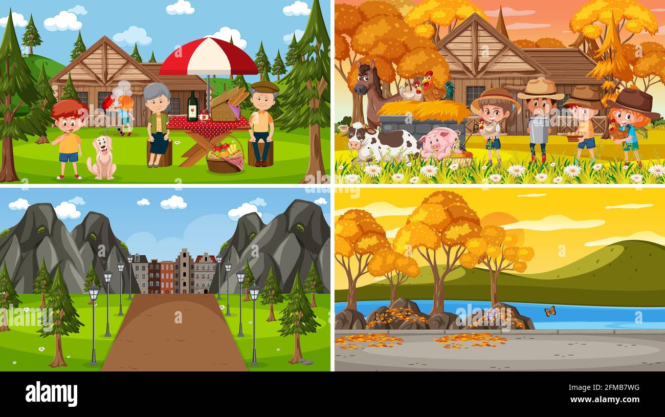 Set of different nature scenes cartoon style illustration Stock Vector ...
