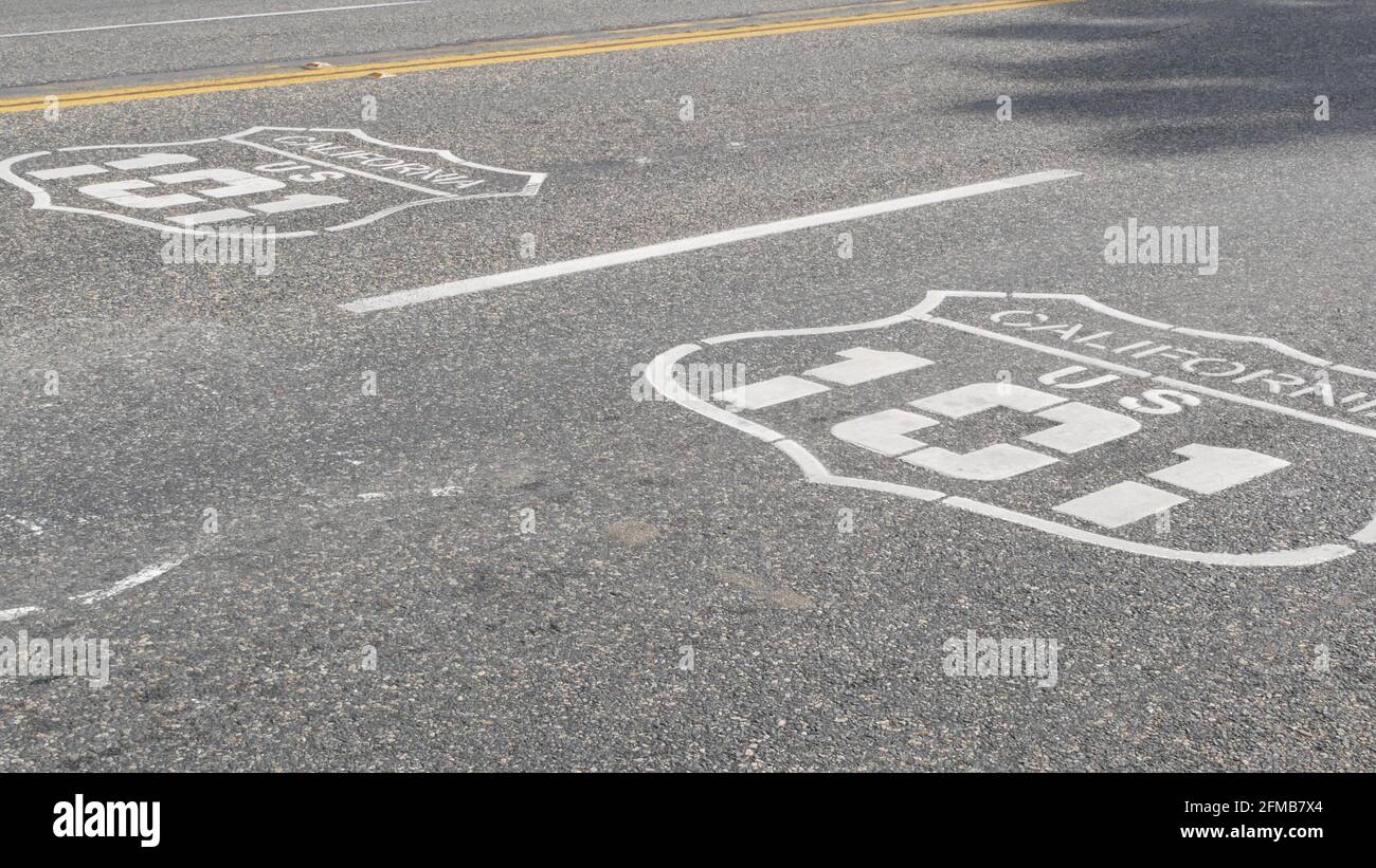 Pacific ocean Coast Highway road marking on asphalt, historic route 101 ...