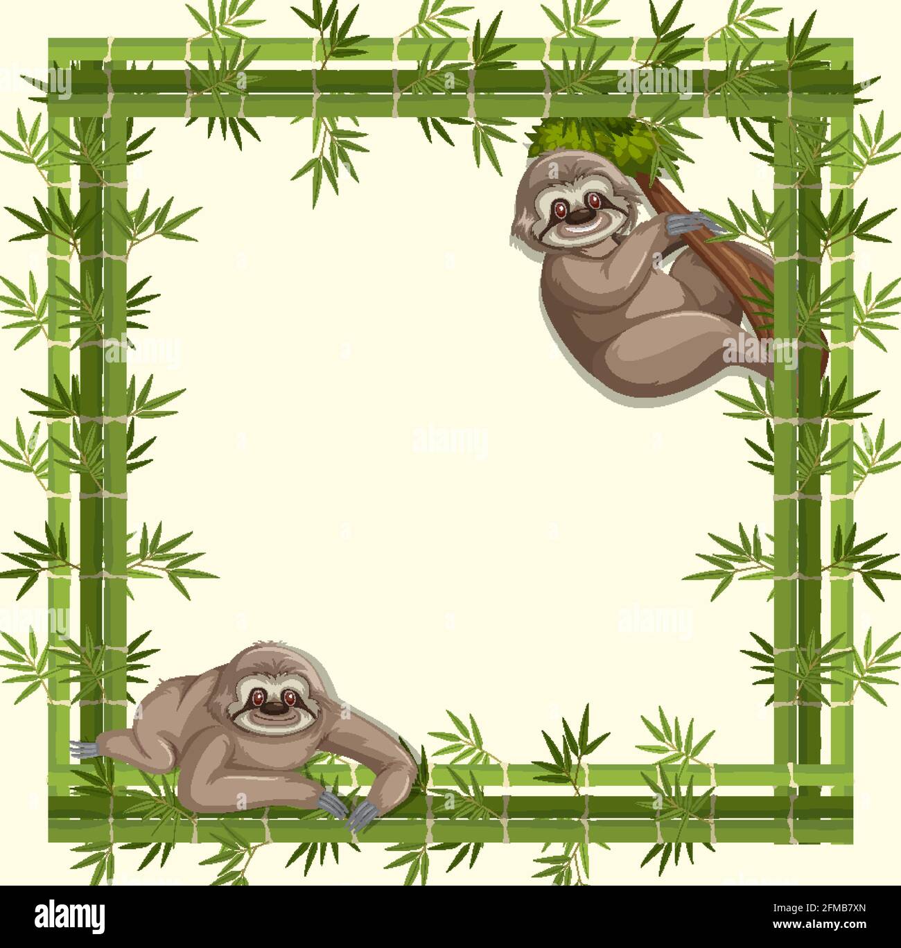 Empty banner with bamboo frame and sloth cartoon character illustration ...
