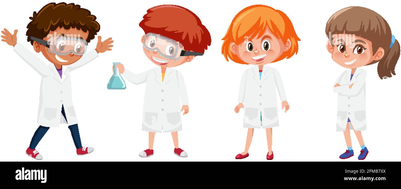 Set of different kids wearing white laboratory gown illustration Stock ...