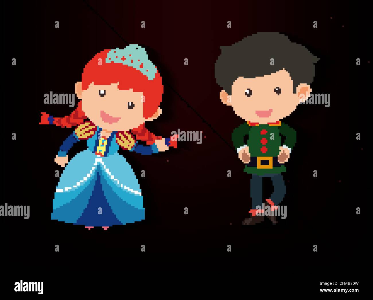 Little princess and guard cartoon character on red background ...