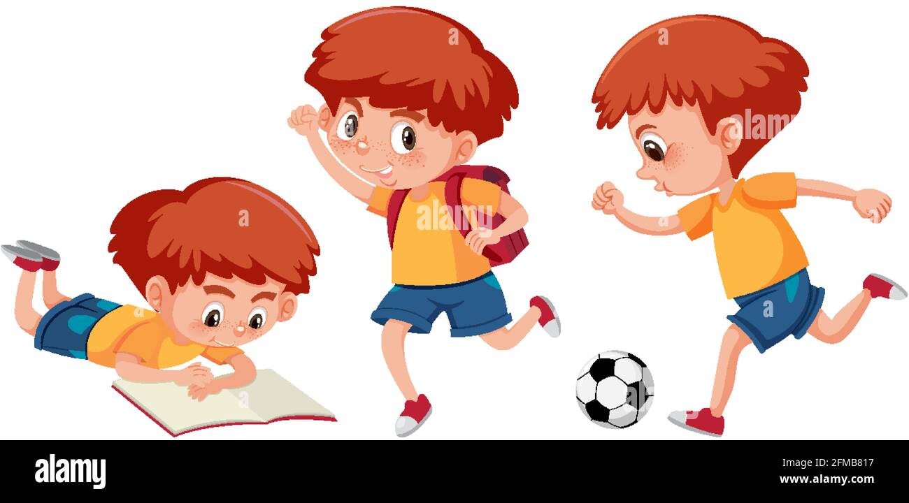 Set of a boy cartoon character doing different activities illustration ...
