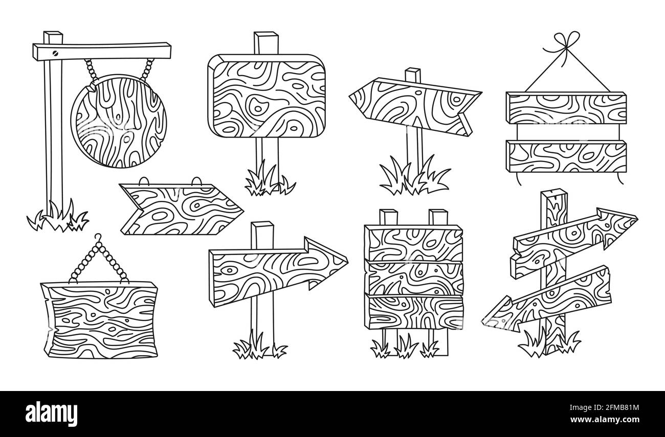 Wooden signs billboard doodle line set. Rural arrow pointer collection ...