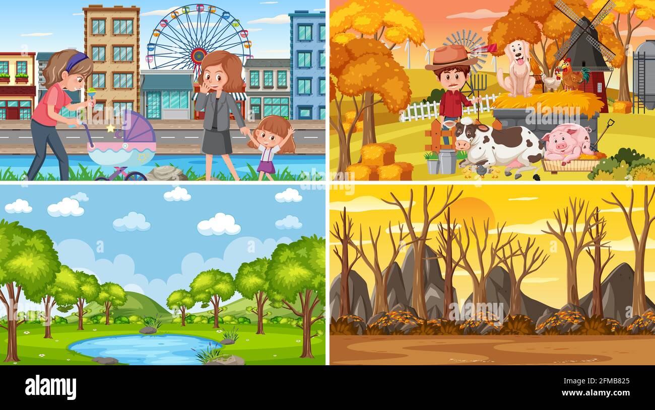 Four different scenes with children cartoon character illustration ...