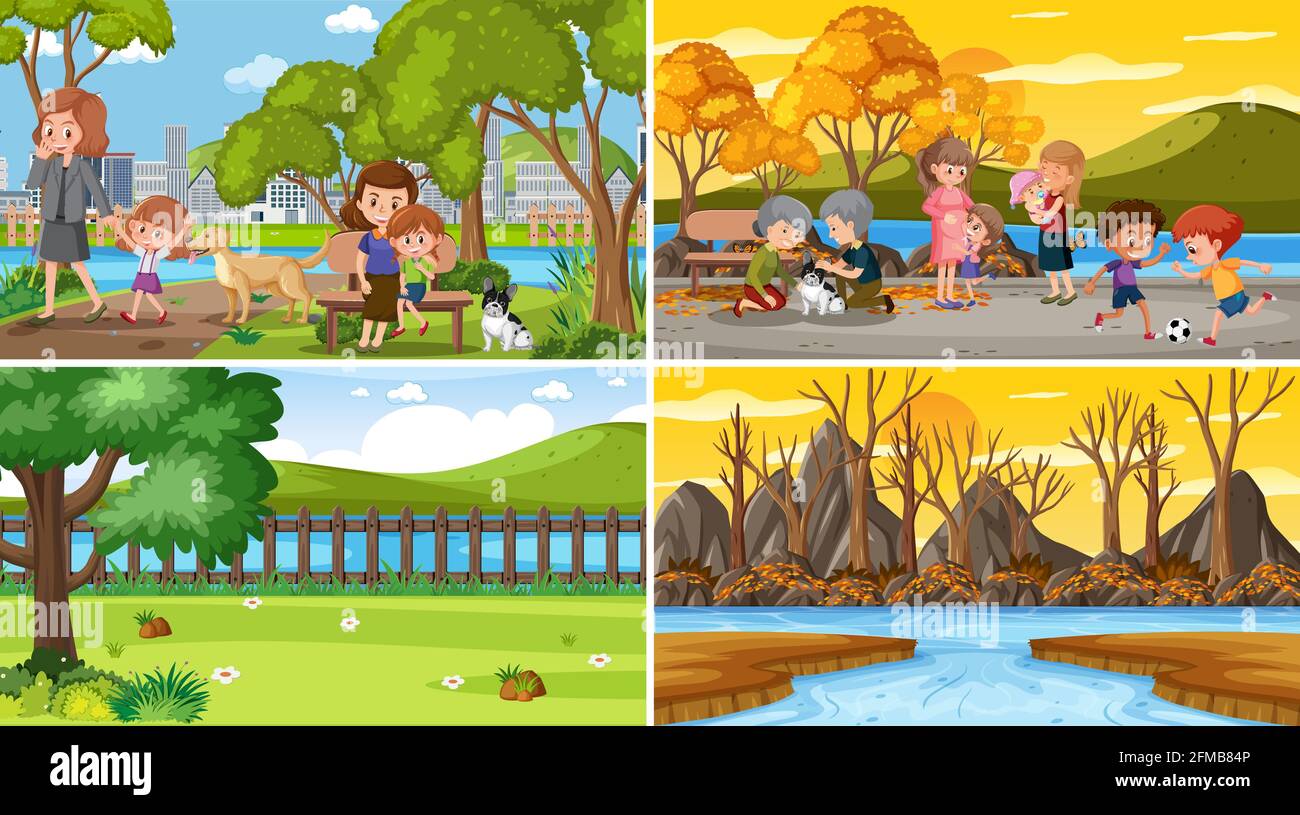 Set of different nature scenes cartoon style illustration Stock Vector ...
