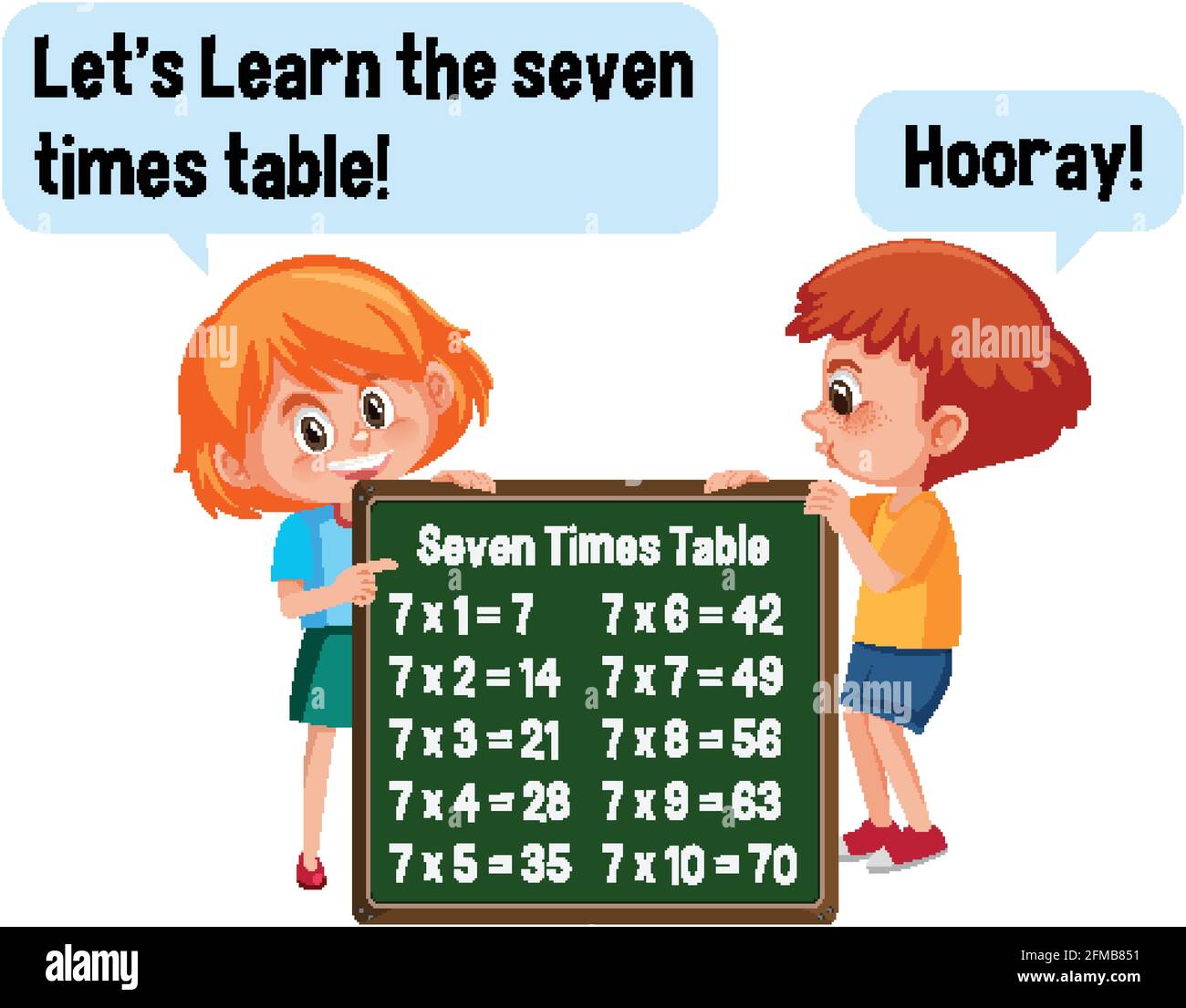 Cartoon character of two kids holding seven times table banner ...
