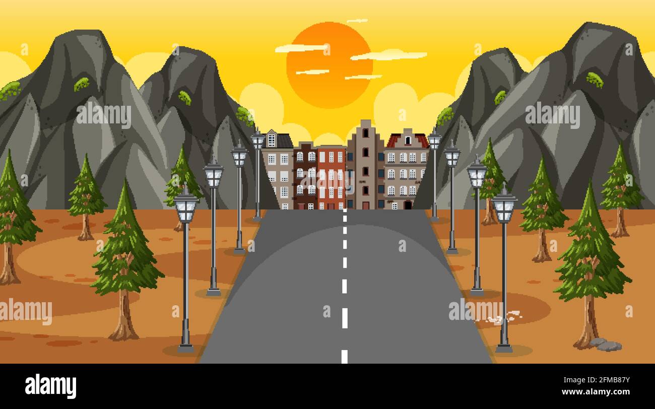 Scene with long road through the park to the town illustration Stock ...