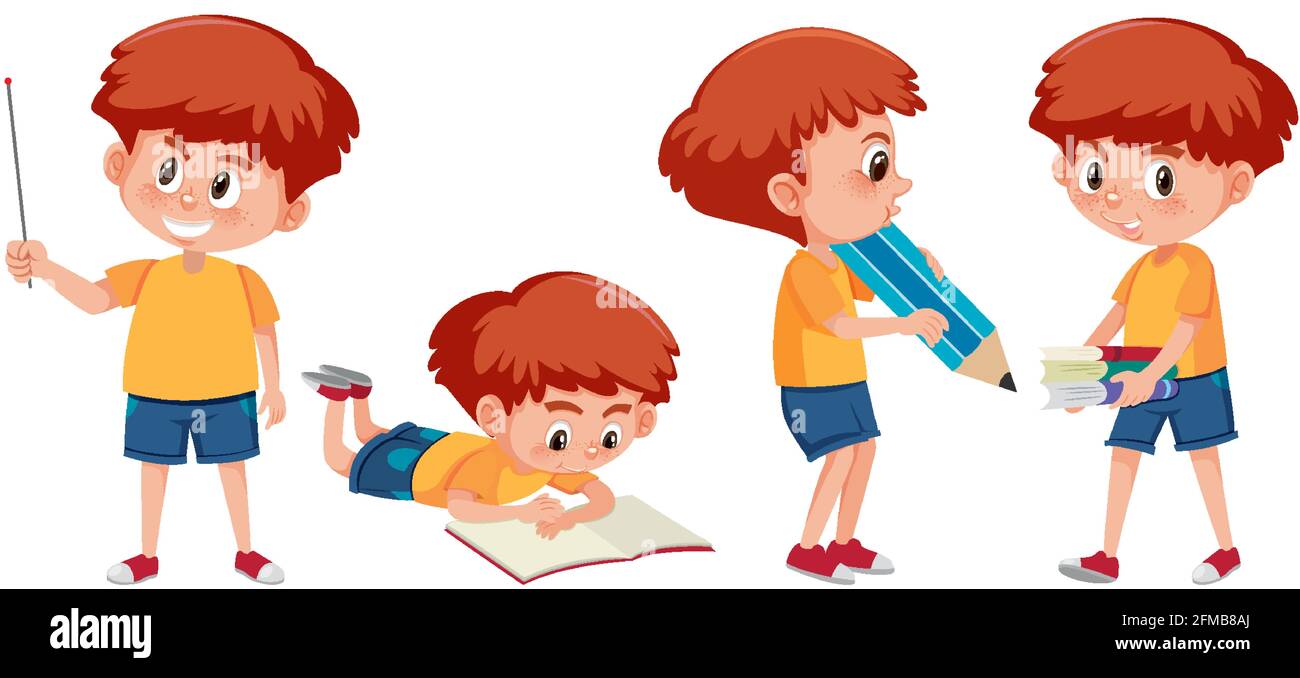 Set of a boy cartoon character doing different activities illustration ...
