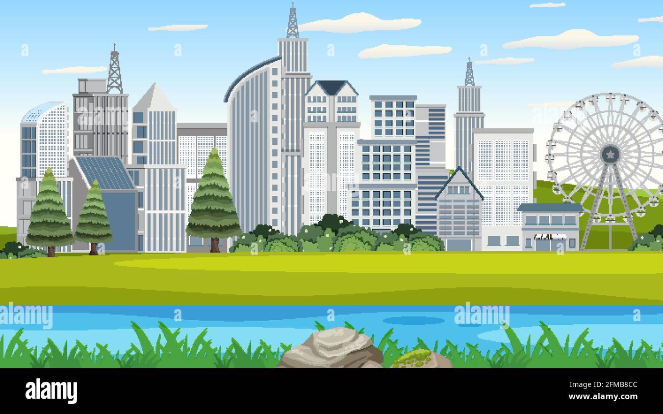 Empty nature park landscape scene with cityscape background ...