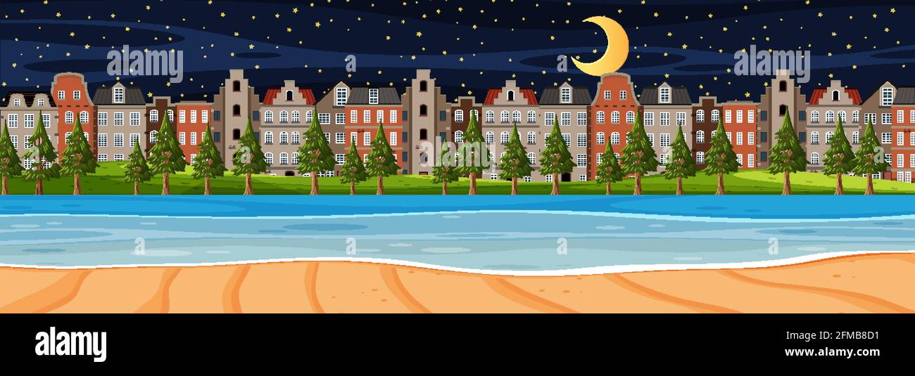 Beach horizontal scene at night with city background illustration Stock ...