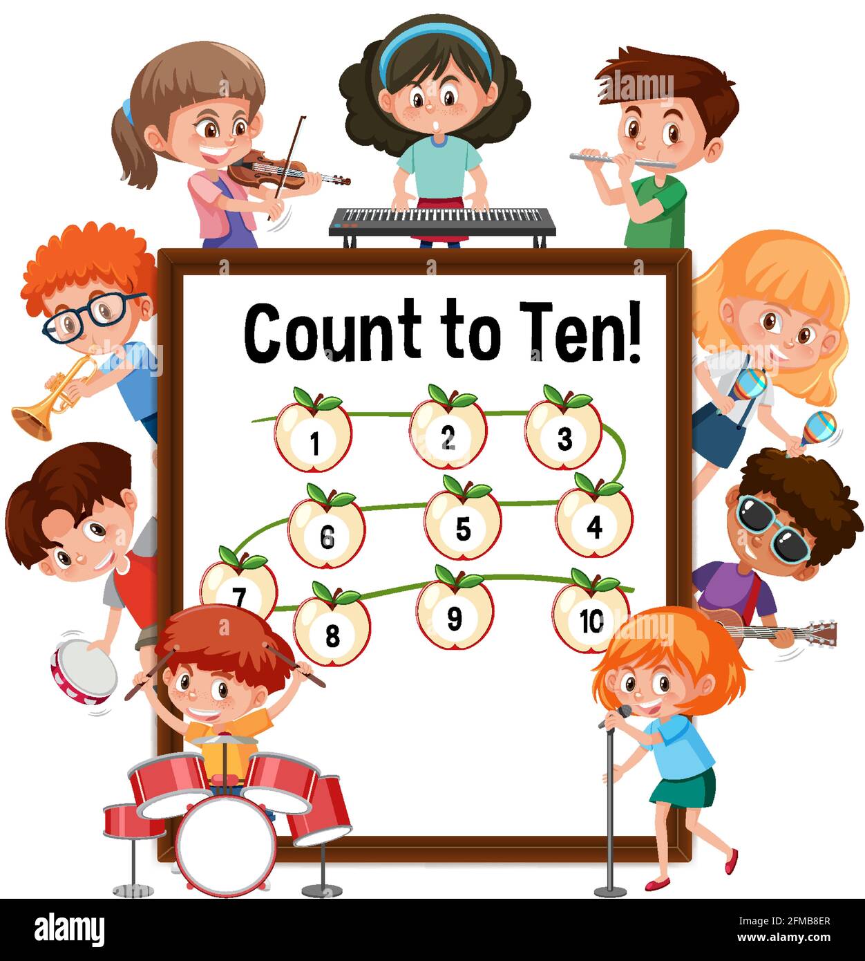 Count to ten number board with many kids cartoon character illustration ...