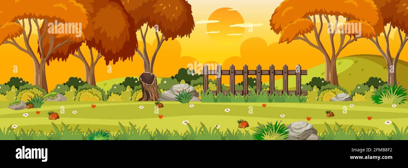 Autumn season with garden at sunset time horizontal scene illustration ...