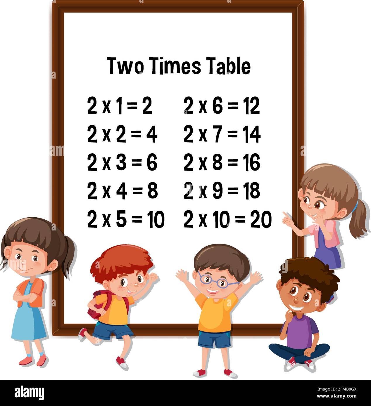 Two Times Table With Many Kids Cartoon Character Illustration Stock
