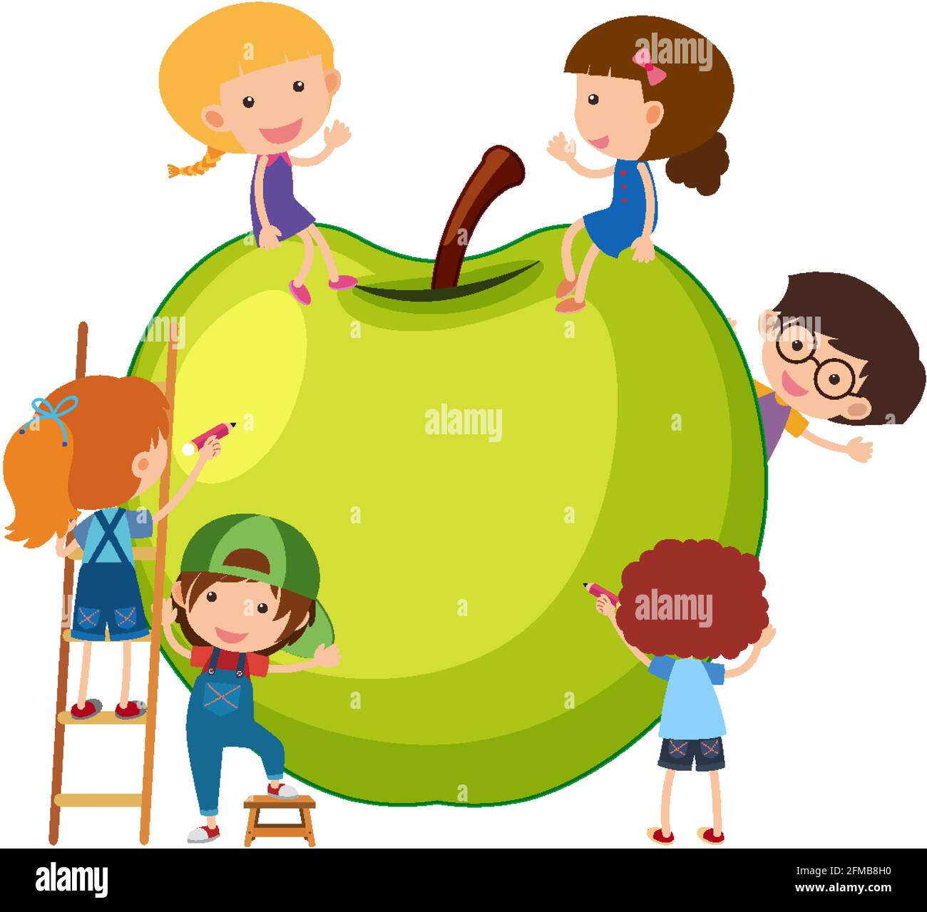 Apple with many children cartoon character isolated illustration Stock ...