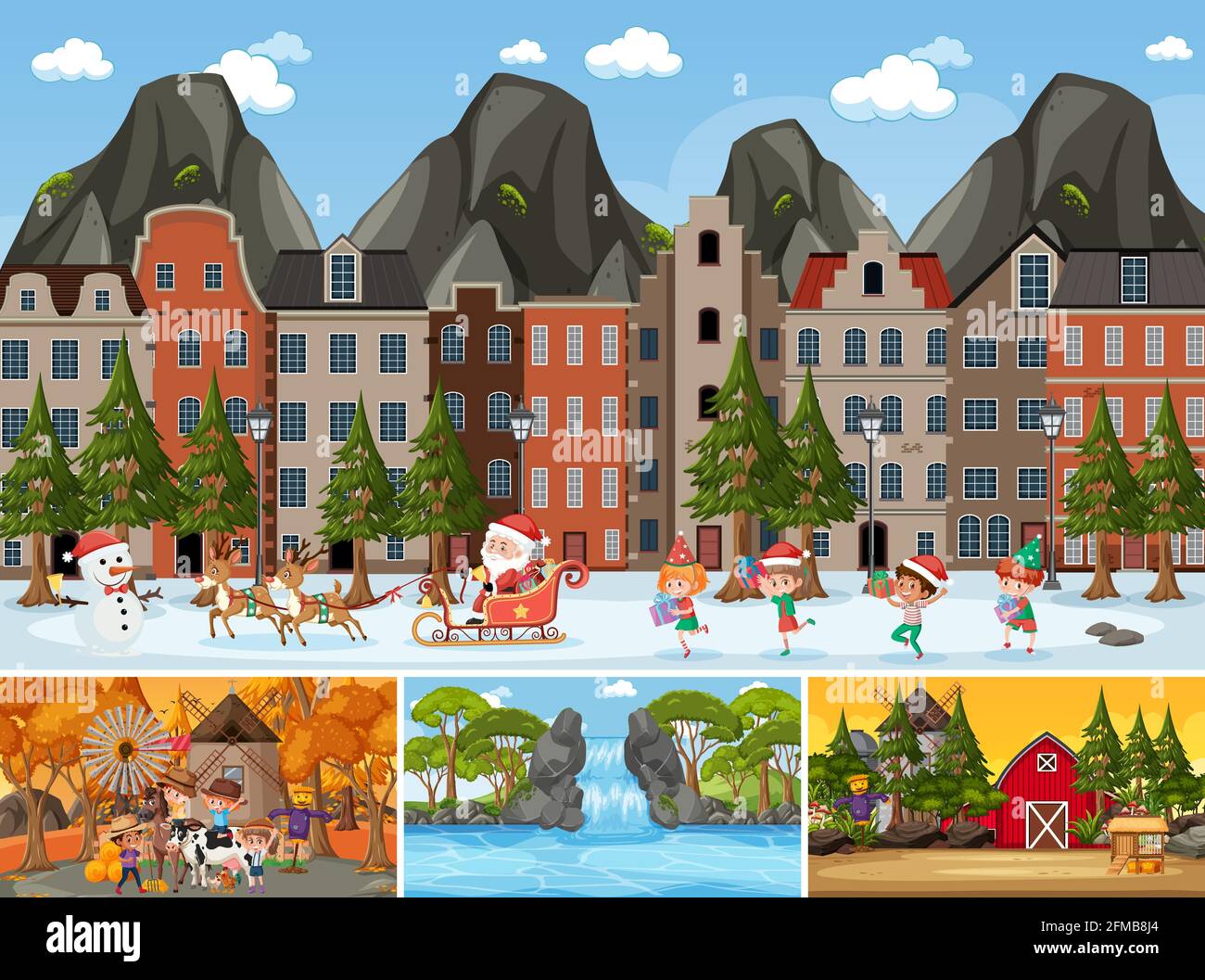 Four different scenes with children cartoon character illustration ...