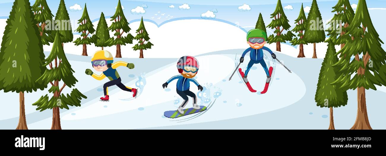 Many skiers in snow forest horizontal landscape scene illustration ...