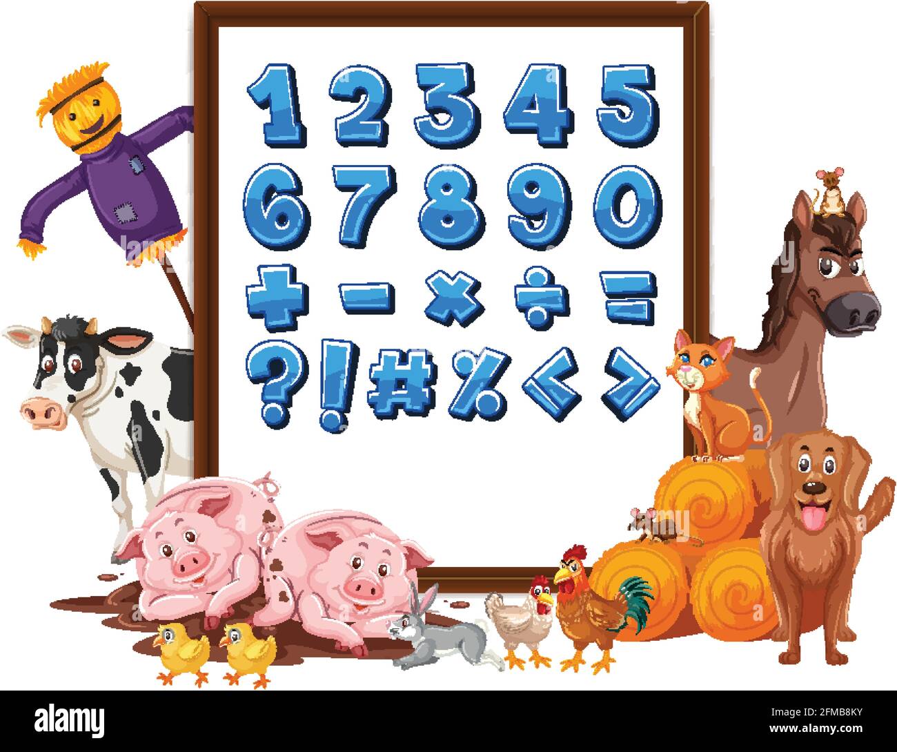Number 0-9 and math symbols on board with farm animals illustration ...