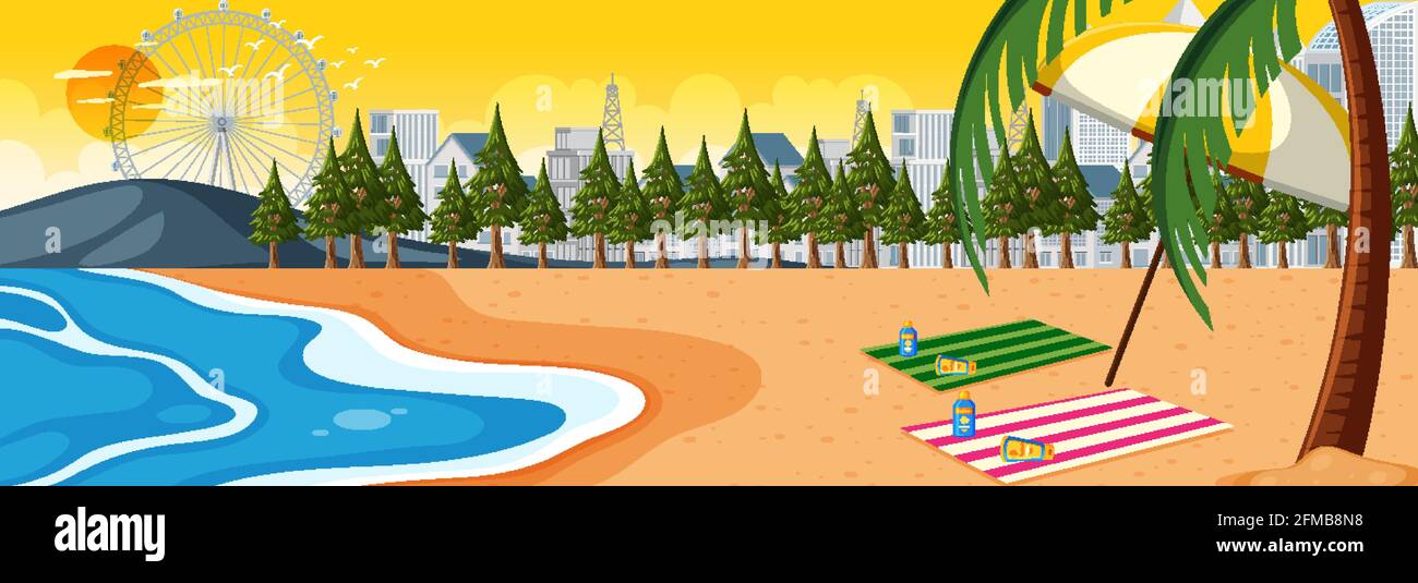 Beach horizontal scene at sunset time with cityscape background ...