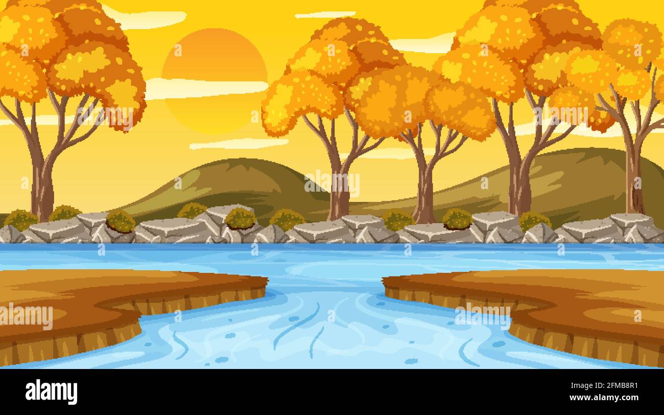 Autumn season scene with river in the forest at sunset time ...