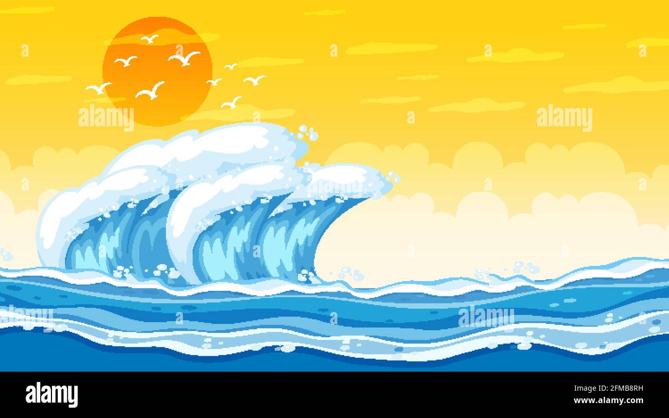 Beach landscape at sunset scene with ocean wave illustration Stock ...
